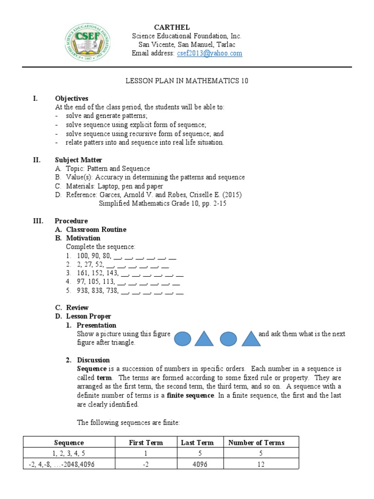 G10. Lesson Plan | PDF | Numbers | Sequence