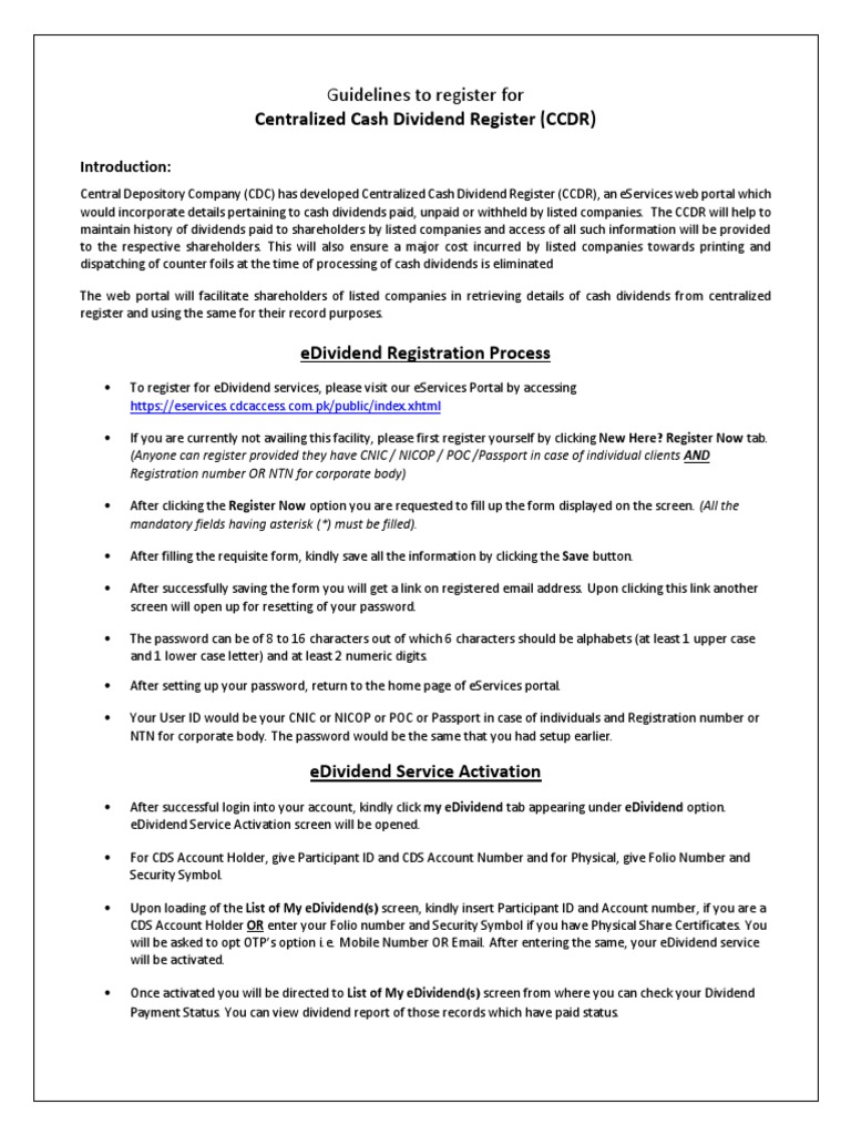 Centralized Cash Dividend Register (CCDR) : Guidelines To Register For ...