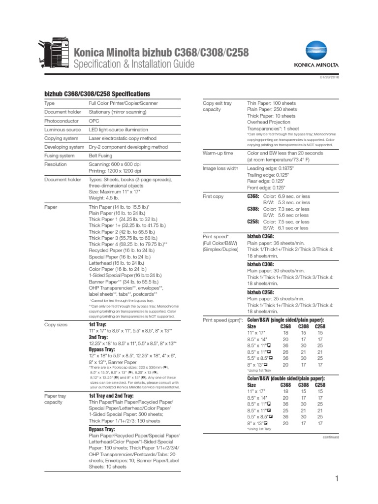 Konica Minolta Bizhub C368/C308/C258: Specification & Installation Guide | PDF | Paper | Fax