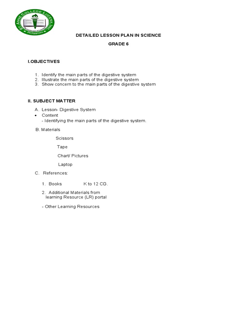DETAILED LESSON PLAN IN SCIENCE. Digestive Systemdocx | PDF | Human ...