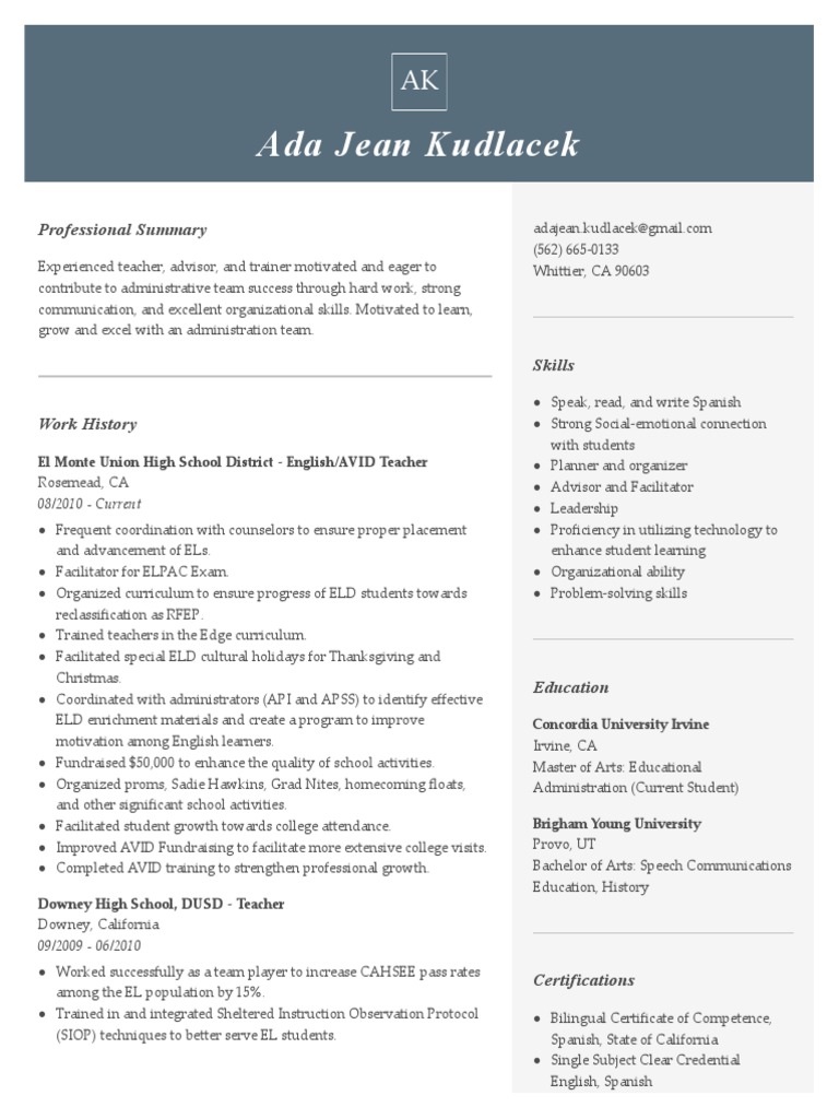 Ada Jean Kudlacek Resume | PDF | Teachers | Behavior Modification