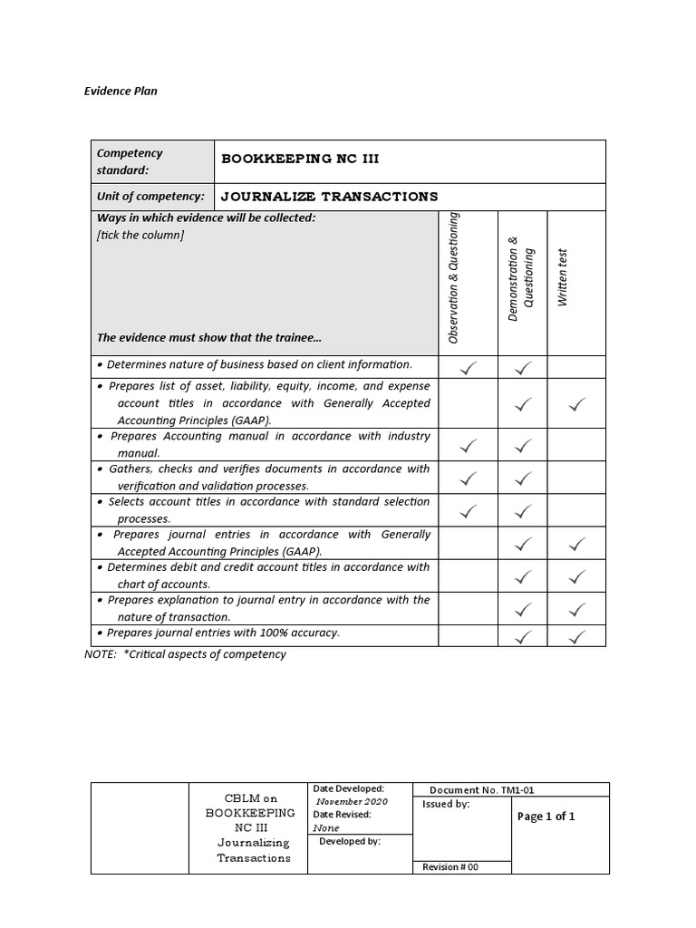 Bookkeeping NC Iii Journalize Transactions: Evidence Plan | PDF