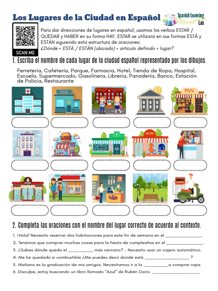 Places in Town in Spanish PDF Worksheet Los Lugares de La Ciudad en ...