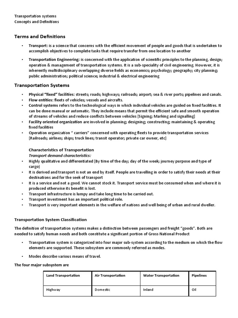 Terms and Definitions: Characteristics of Transportation | PDF | Rail ...