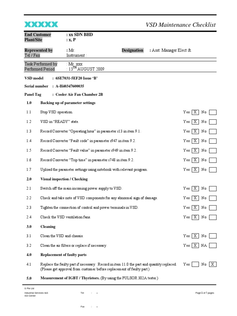 VSD Maintenance Checklist | PDF | Power Supply | Power Engineering