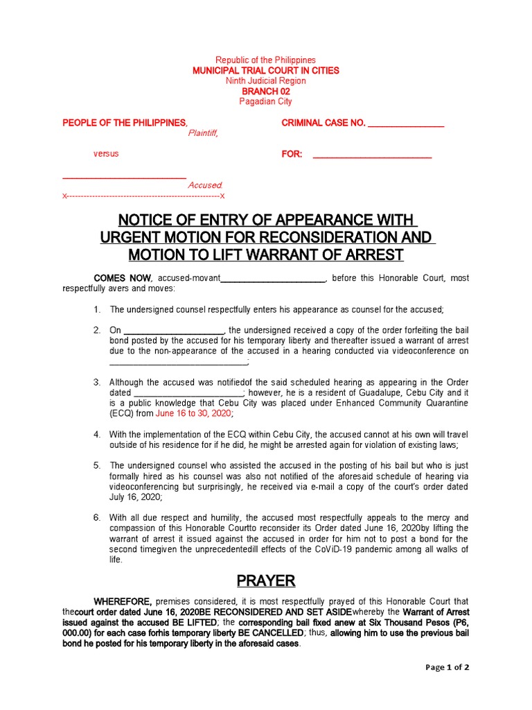 Motion to Lift Warrant of Arrest | PDF | Bail | Government