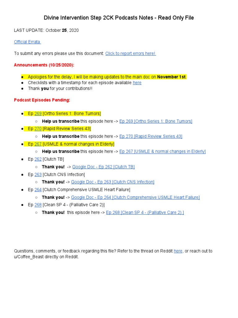 Divine Intervention Step 2CK Podcasts Notes - Read Only File | PDF ...