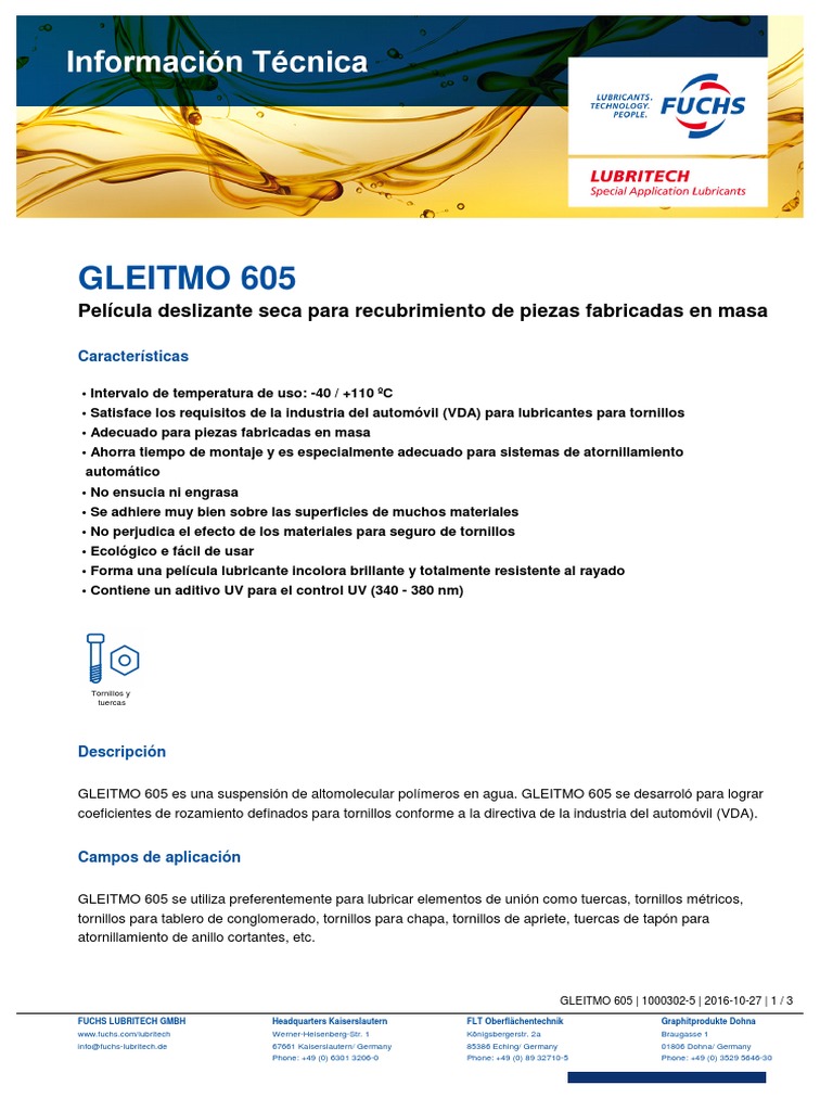 GLEITMO 605: Lubricante Ecológico para Tornillos | PDF | Tornillo | Química