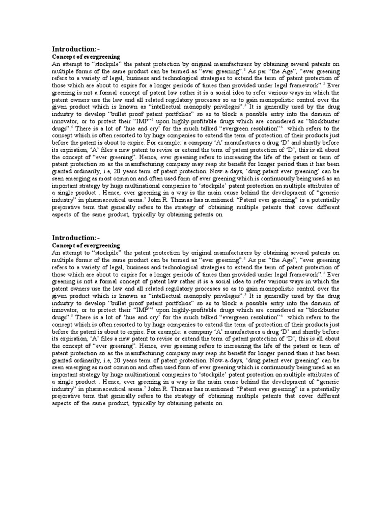 Introduction:-: Concept of Evergreening | PDF | Patent | Monopoly
