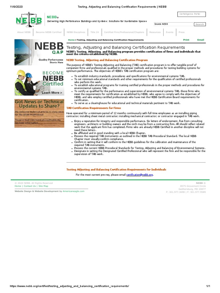 Testing, Adjusting and Balancing Certification Requirements - NEBB ...