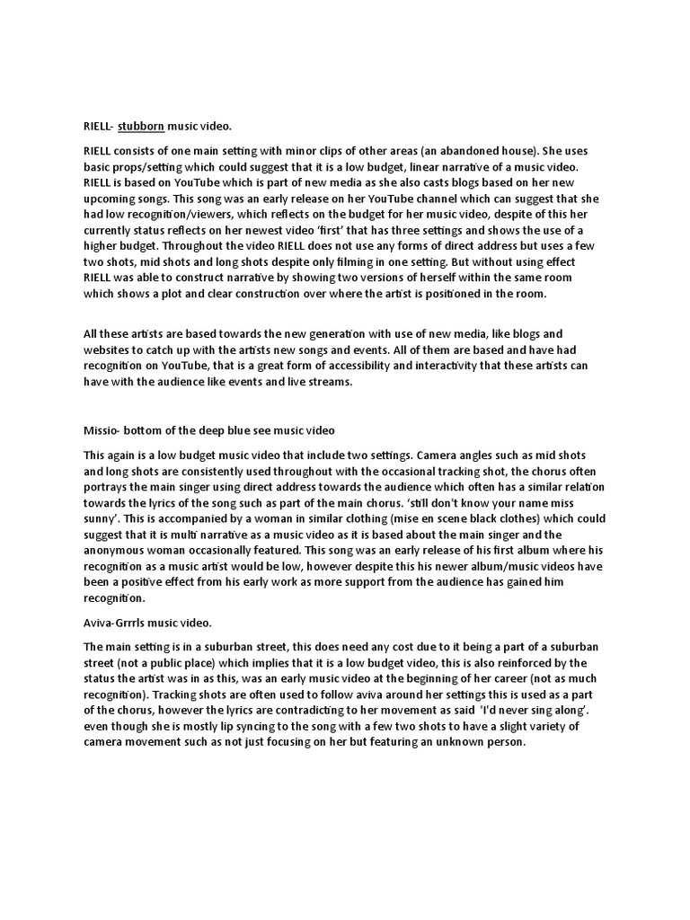 Low-Budget Music Video Analysis | PDF | New Media | You Tube