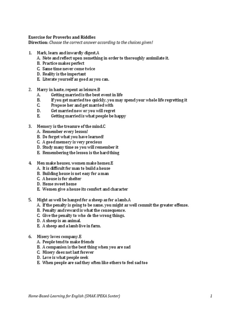 Proverbs and Riddles Exercise for Students | PDF | Language Arts ...