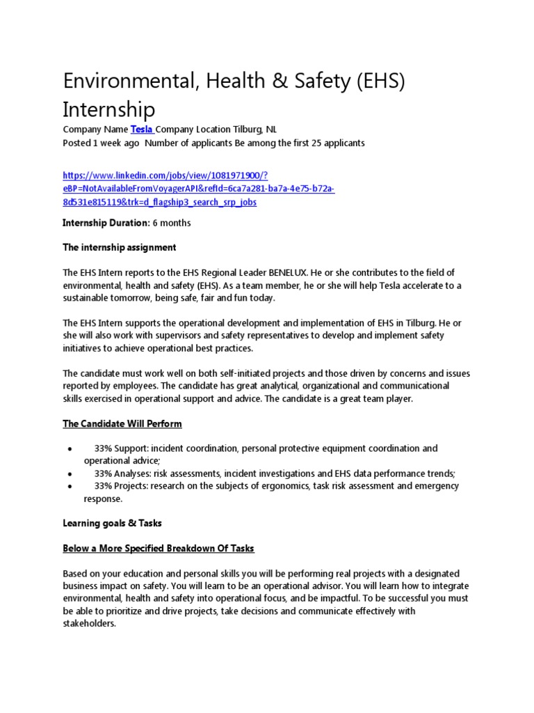 Environmental, Health & Safety (EHS) Internship | PDF | Human Factors ...