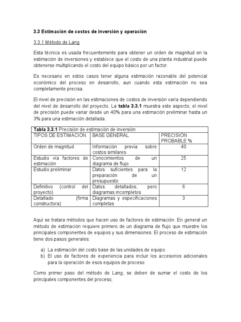 3.3 Estimacion de Costos de Inversion y Operacion | PDF | Presupuesto ...