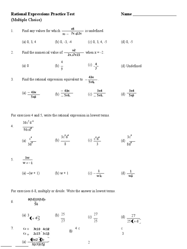 (Multiple Choice) : Rational Expressions Practice Test Name | PDF ...