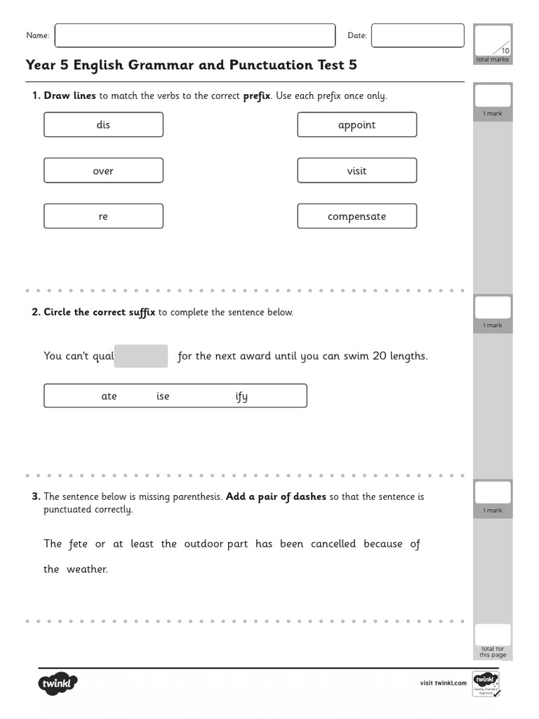 Year 5 English Grammar and Punctuation Test 5 | PDF | English Grammar ...