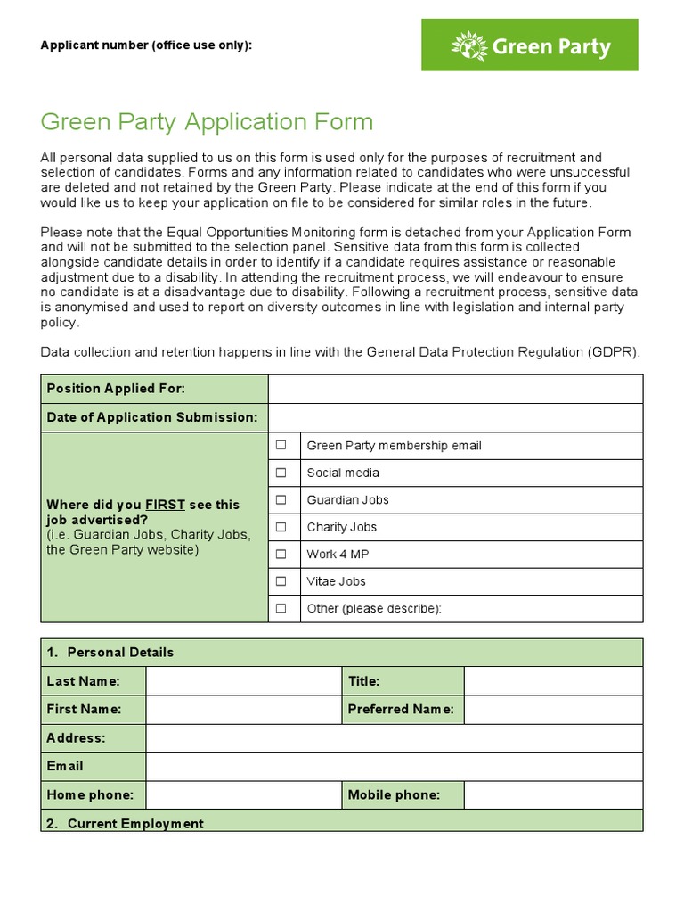 Green Party Application Form June 2018 | PDF | Recruitment | Employment
