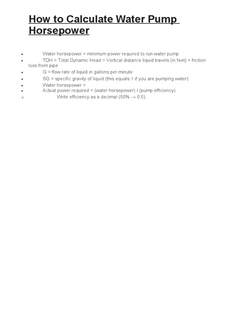 Water Pump Horsepower Calculation Guide | PDF