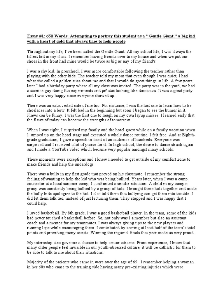 Essay #1: 650 Words Attempting To Portray This Student As A "Gentle ...