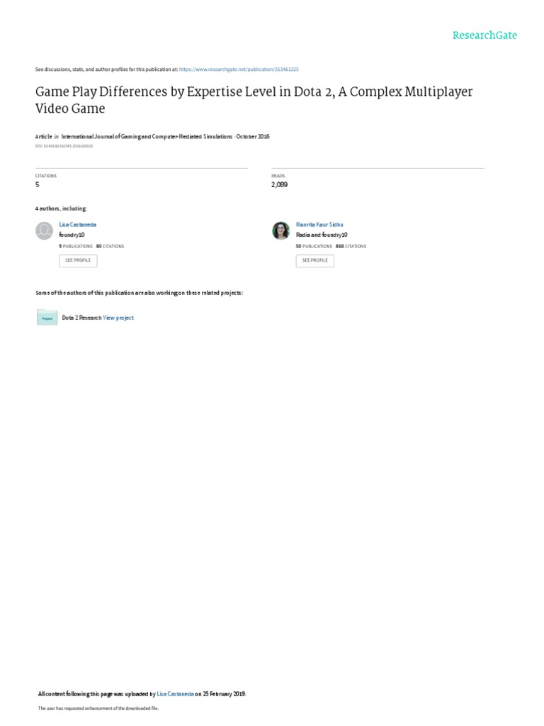 Game Play Differences by Expertise Level in Dota 2, A Complex ...