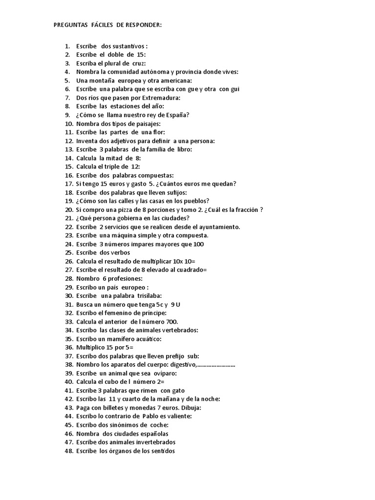 40 Preguntas Fáciles para Responder | PDF | Estudios de idiomas extranjeros