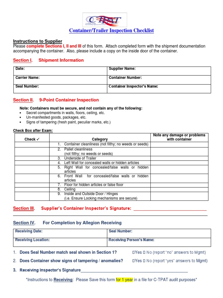 Shipping C Tpat Container Security Inspection Checklist PDF | PDF ...