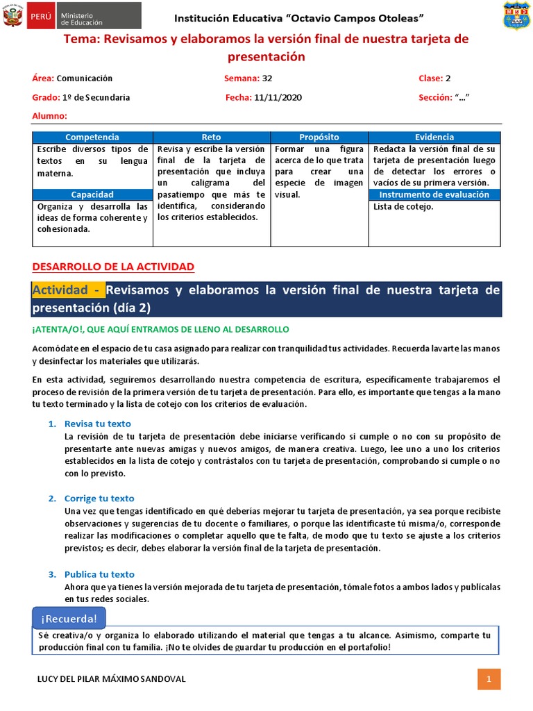 S32 - II - Revisamos y Elaboramos La Versión Final de Nuestra Tarjeta ...