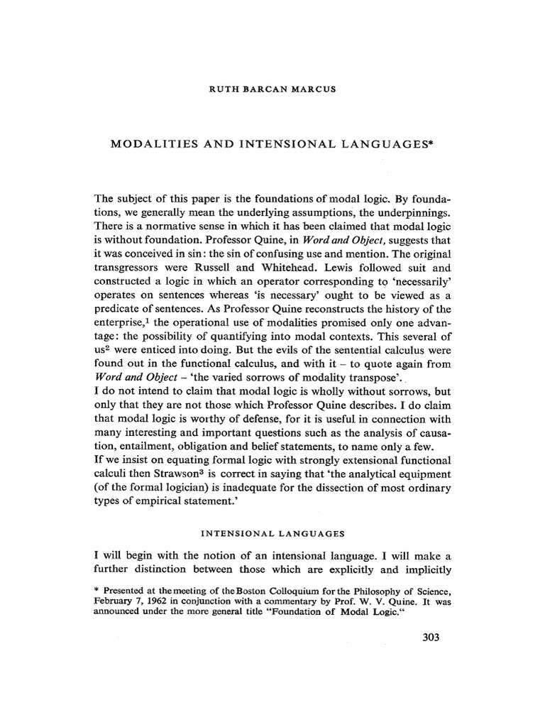 Marcus, 1962 - Modalities and Intensional Languages PDF | PDF | Modal Logic | Logic