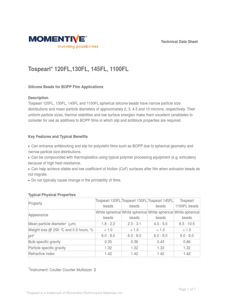 Tospearl 120FL, 130FL, 145FL, 1100FL: Technical Data Sheet | PDF ...