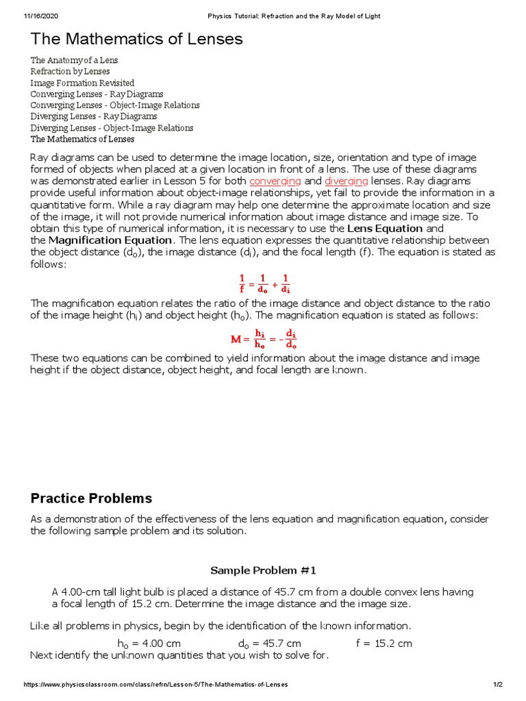 The Mathematics of Lenses: Practice Problems | PDF | Electromagnetic ...