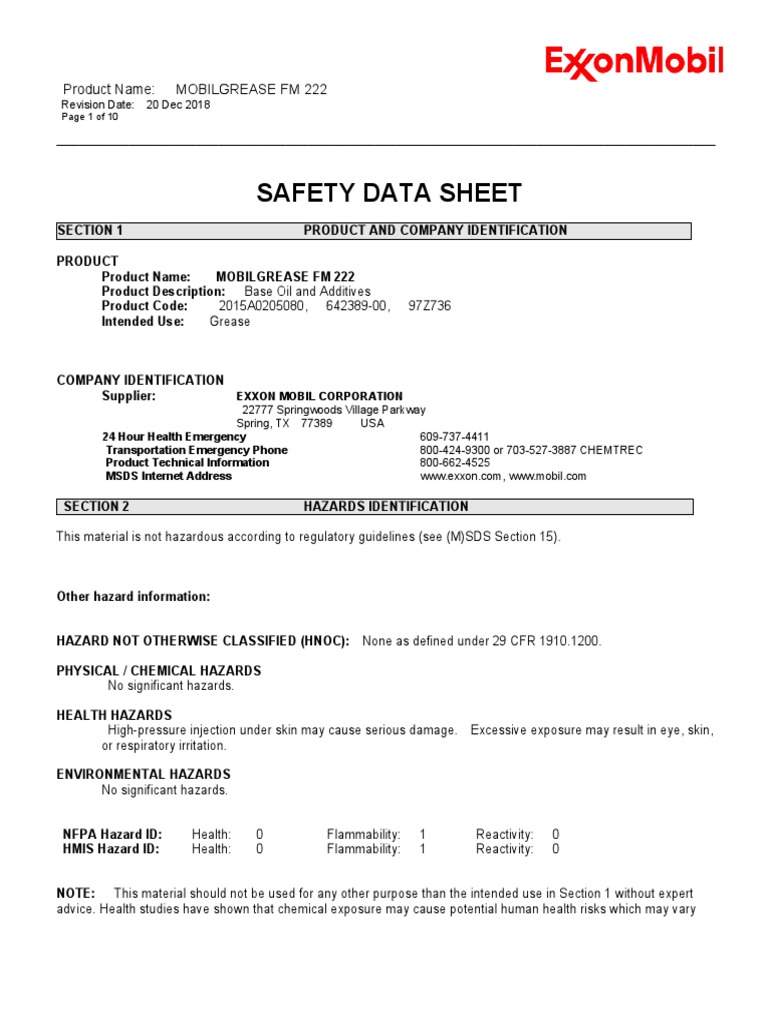 Safety Data Sheet: Product Name: MOBILGREASE FM 222 | Download Free PDF ...