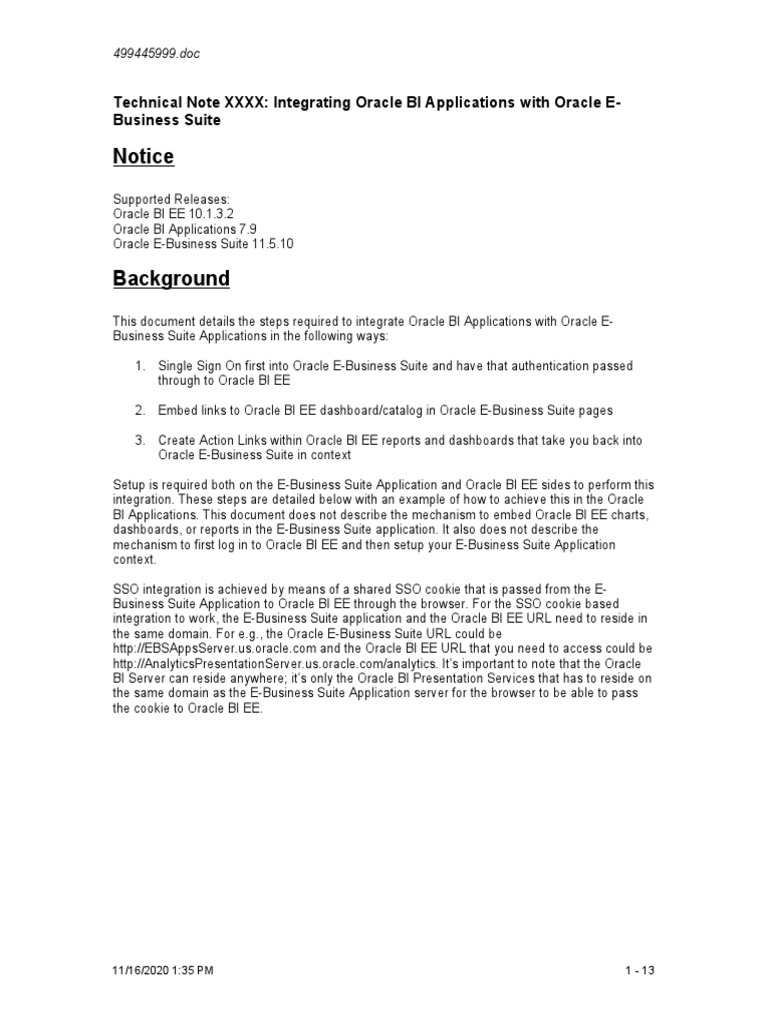Notice: Technical Note XXXX: Integrating Oracle BI Applications With Oracle E-Business Suite ...