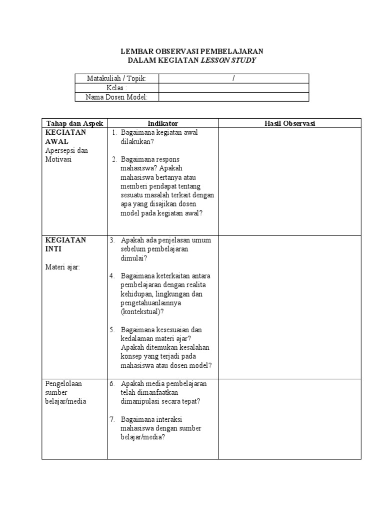 Lembar Observasi Pembelajaran | PDF