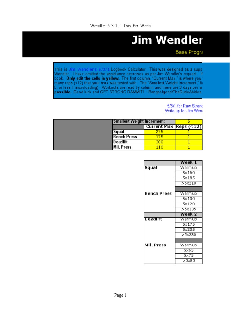 Jim Wendler's 5/3/1: Wendler 5-3-1, 1 Day Per Week | PDF | Games Of ...