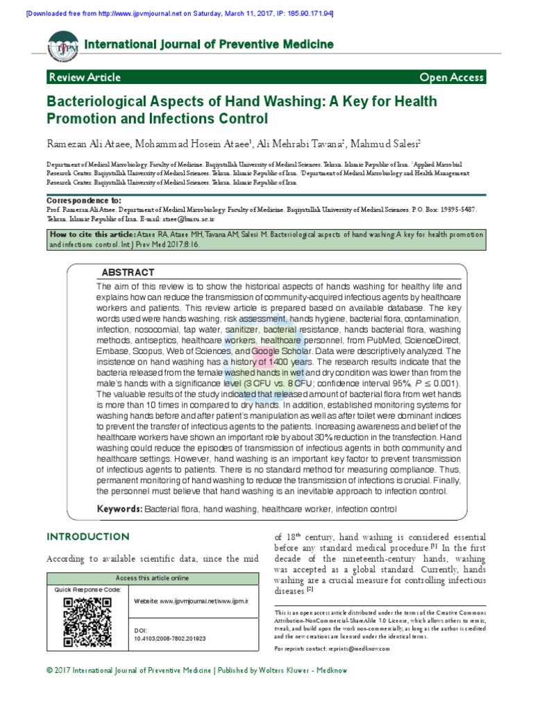 Bacteriological Aspects of Hand Washing: A Key For Health Promotion and ...