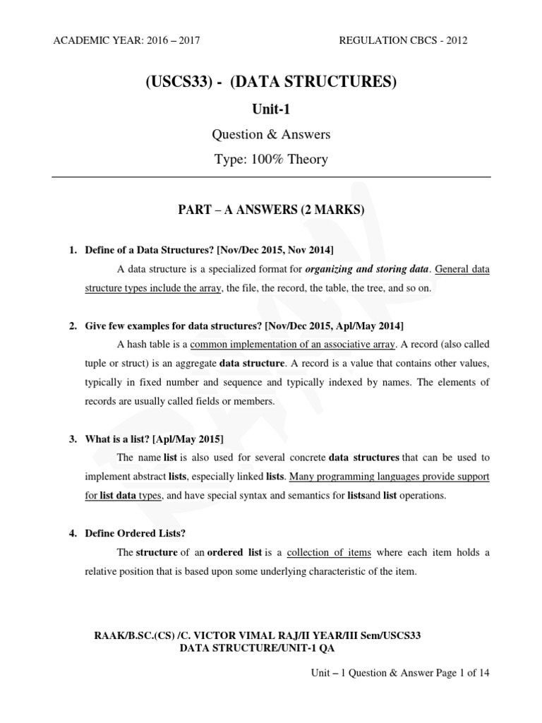 Uscs33 Data Structures Question And Answers Type 100 Theory Download Free Pdf Queue