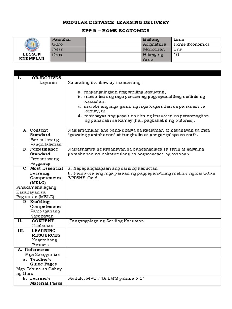 Epp-He-5-Lesson Exemplar | PDF