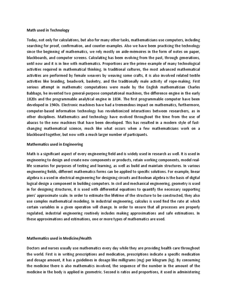 The Role of Mathematics in Technology, Engineering, Medicine, and ...