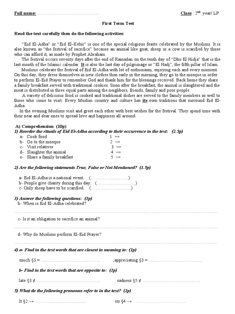 2Lp 1st Term Test Aid El Adha | PDF | Syntax | Grammar