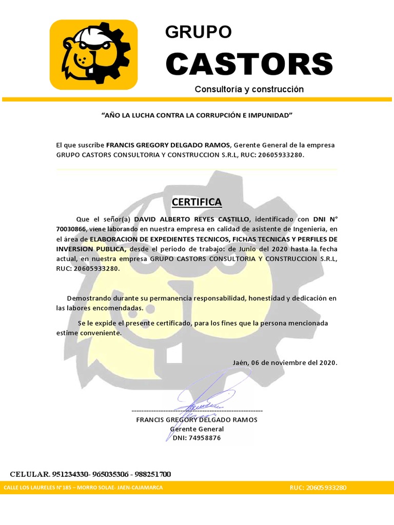 Certificado Trabajo Constructora | PDF