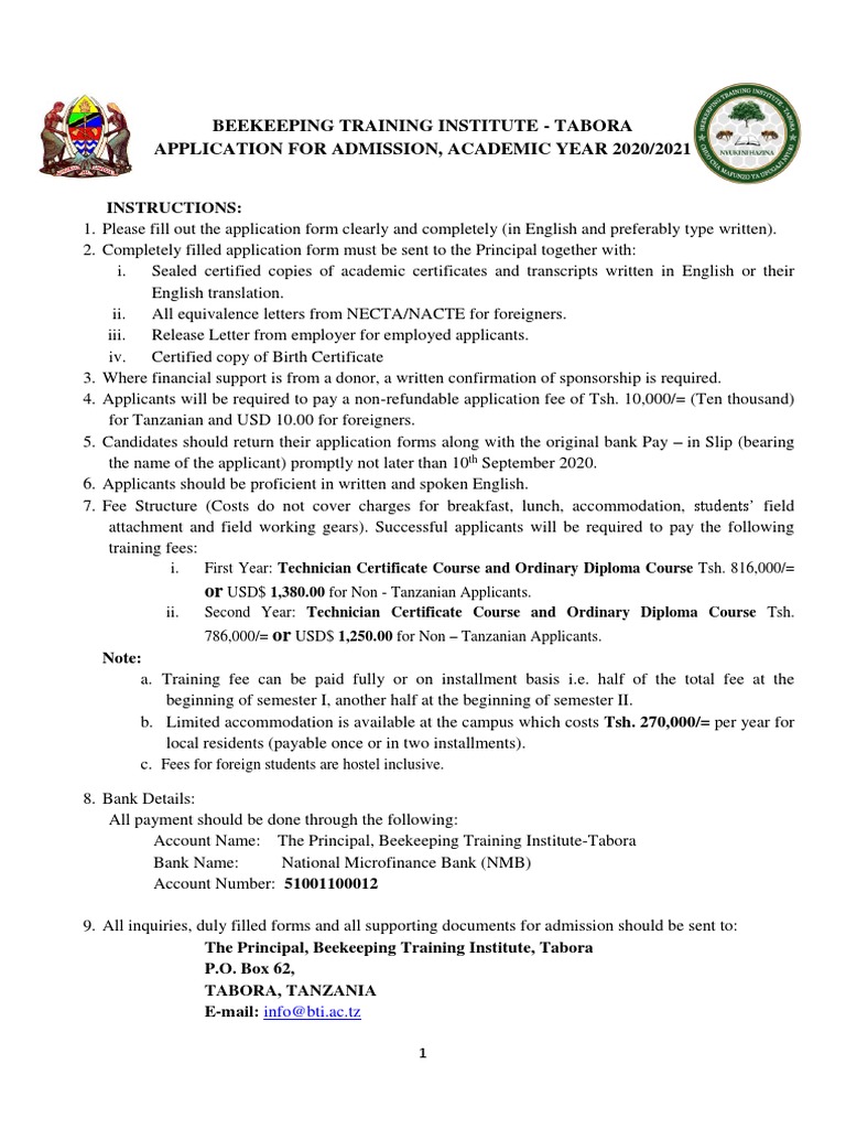 Beekeeping Training Institute - Tabora Application For Admission ...