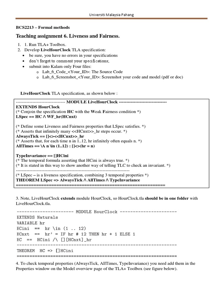 BCS2213 - Lab 6 FM-TLA (2.5%) | PDF | Software Engineering | Applied Mathematics