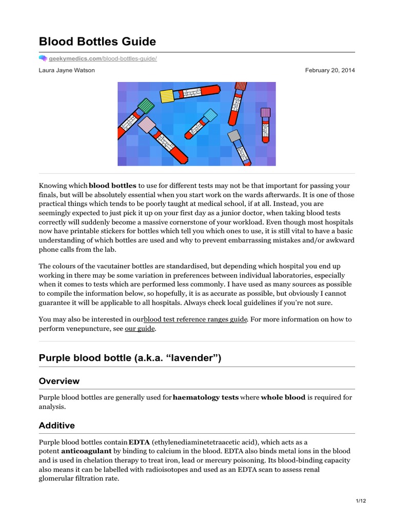 Blood Bottles Usage Guide for Tests | PDF | Coagulation | Clinical ...
