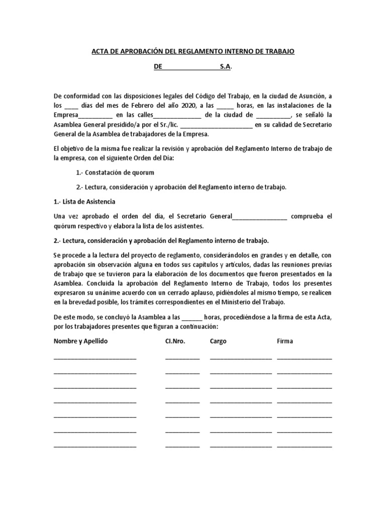 Acta de Aprobación Del Reglamento Interno de Trabajo - 16112020 | PDF | Gobierno | Justicia