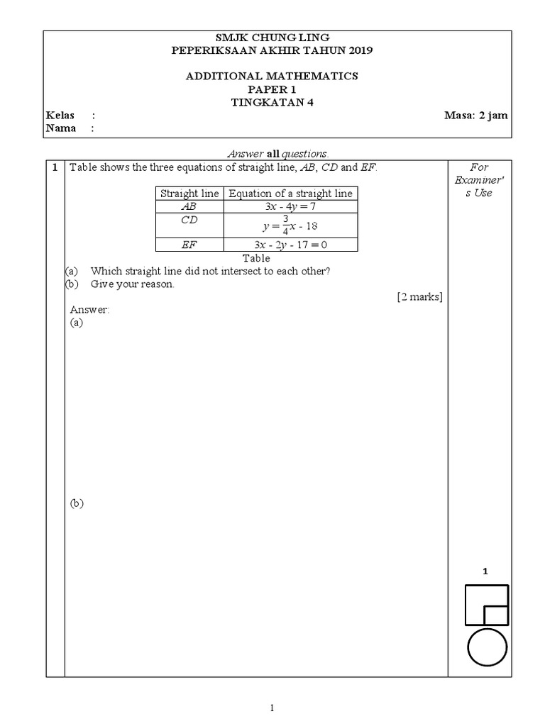 Straight Line Equation of A Straight Line 3x - 4y 7: Answer All ...