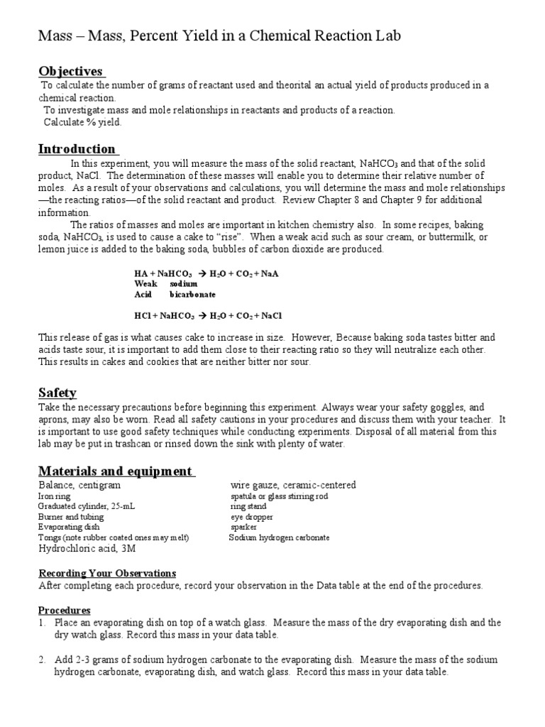 Mass - Mass Lab | PDF | Sodium Bicarbonate | Physical Chemistry