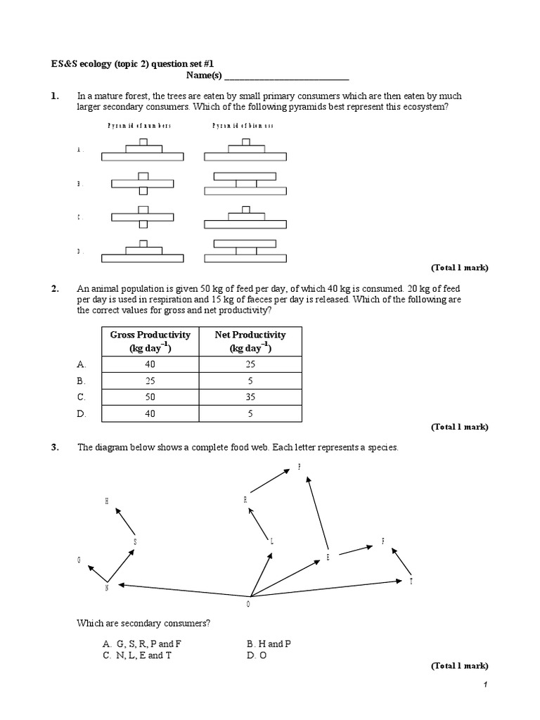 Es S Ecology Topic 2 Question Set 1 Name S 1 Pdf Food Web