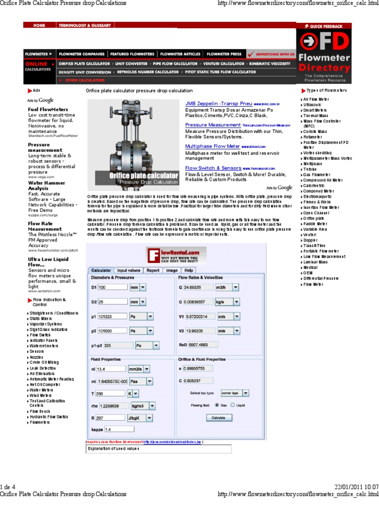 Orifice Plate Calculator Pressure Drop Calculations | PDF | Flow ...