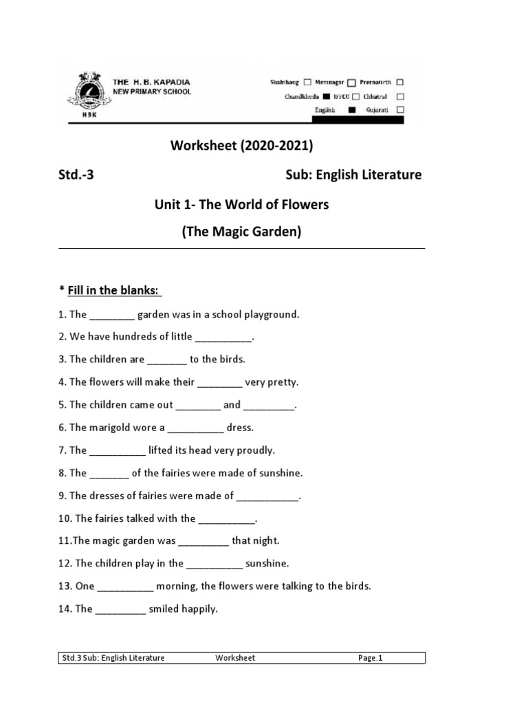 Class 3 English Literature Worksheet | PDF