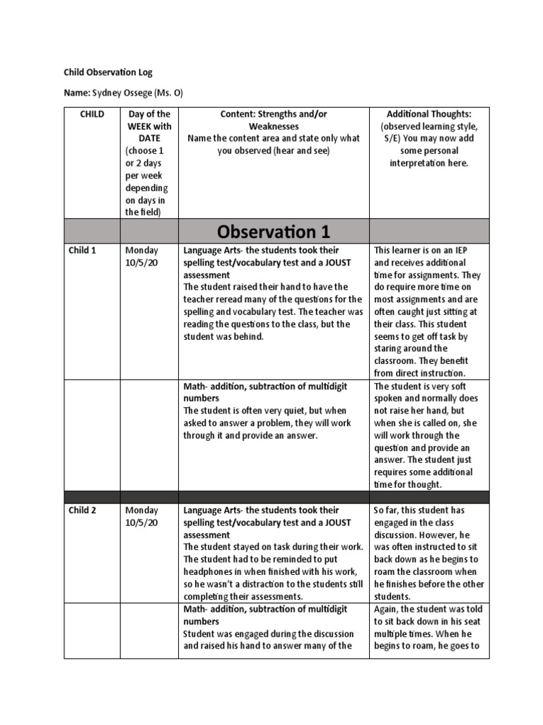 Final Child Observation Log | PDF | Classroom | Test (Assessment)